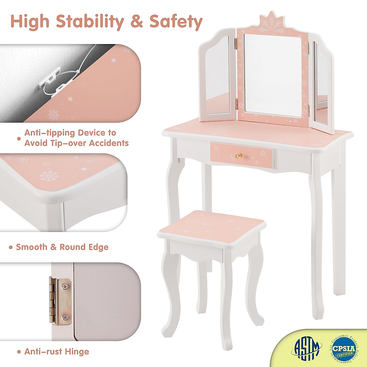 Kids Vanity Table & Stool Set, Girls Vanity Set with Detachable Tri-Folding Mirror and Drawer, 2 in 1 Princess Makeup Dressing Table and Writing Desk for Girls, Kids Age 3-8 (Pink)