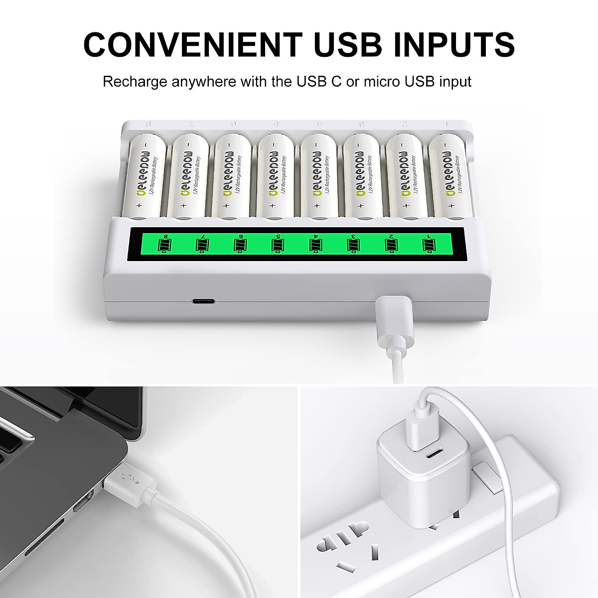 Deleepow Rechargeable AA Batteries High Capacity 3300mAh AA Battery 1.2V 8-Pack Double A Batteries with 8-Bay LCD Individual Charger