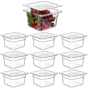 Sieral 10 Pcs Clear 1/6 Size Food Pan Restaurant Containers with Lids Square Cambro Storage Polycarbonate Salad Bar for Kitchen Food Prep (4 Inch,1.5 Quart)