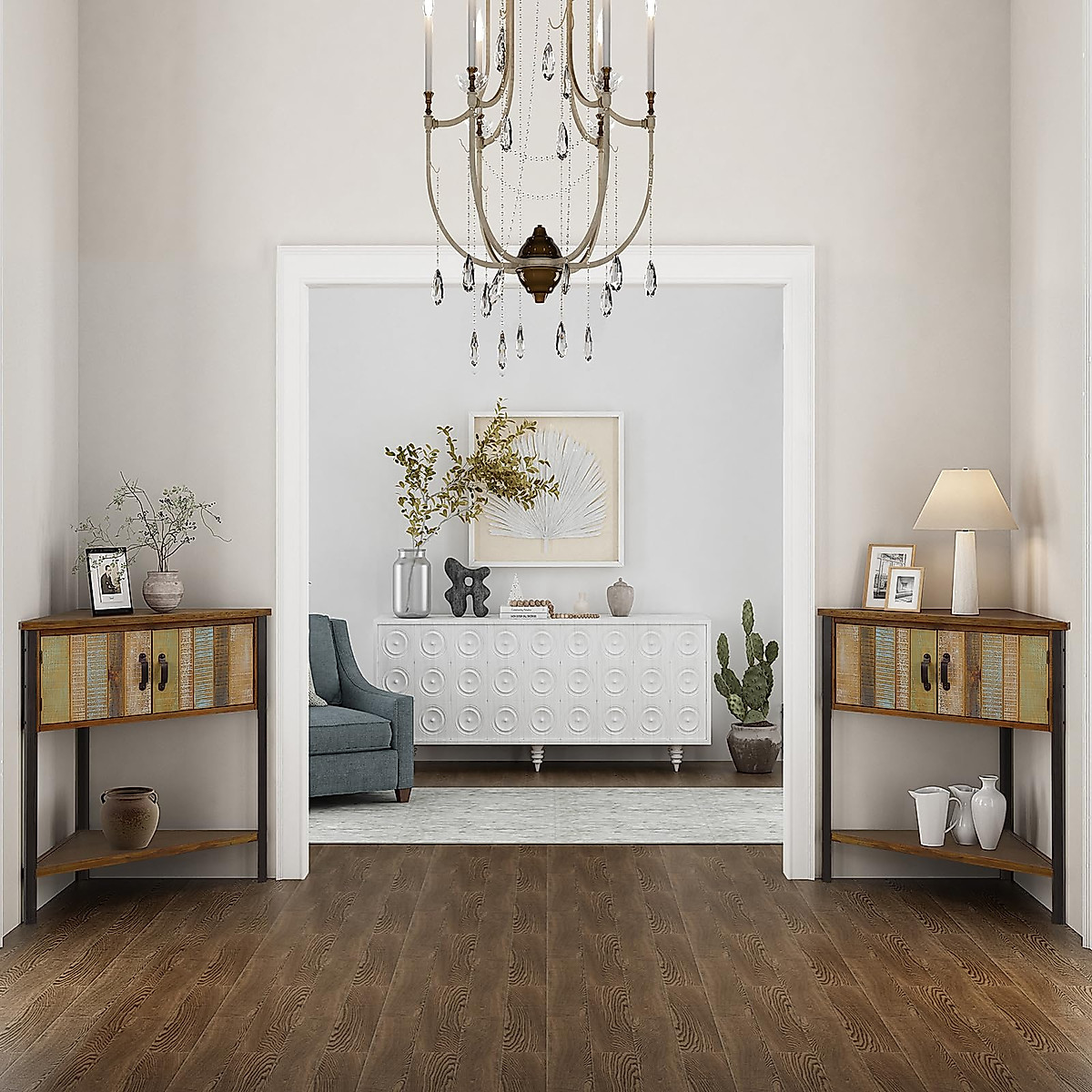 Giofanzo Corner Tables for Living Room, Small Corner Table with Storage Cabinet Table Corner Bar Accent Cabinet with Solid Wood and Metal Frame, Hand-Made Unique Corner Table（Natural Blue）