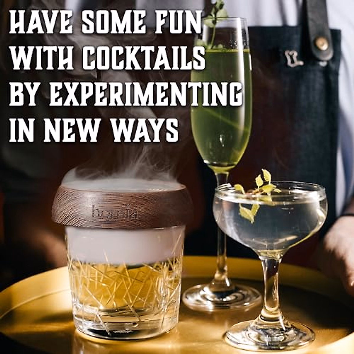 Bartender Kit with Whiskey Smoker - 13 pcs, Pine Stand - Bar Set with Cocktail Shaker, Bartending Kit with Essential Bar Accessory Tools, Wood Chips, Matte