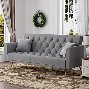 OUYESSIR Velvet Futon Couch Bed, 71 inch Loveseat Convertible Sleeper Sofa with 2 Pillows, Modern Small Futon Couch for Bedroom, Living Room (Grey)