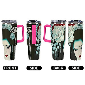 Japanese Geisha Insulated Tumbler with Lid And Straw Stainless Steel Travel Coffee Mug 40oz Light Rose Red-style