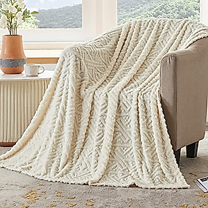 BEAUTEX Jacquard Fleece Throw Blanket(50''x60'', Beige) for Couch Bed and Sofa, Soft Sherpa Fuzzy Blankets Throw Size, Cozy Fluffy Plush Throws for All Seasons Using