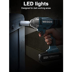 WESCO 20V Cordless Impact Wrench, 1/2",1602 In-lbs(180N.m),2.0A Li-ion Battery, LED Light 3 Pcs Drive Impact Sockets and 1 Hour Fast Charger
