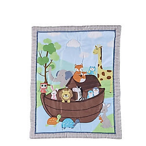 5 PCs Noah's Ark Nursery Crib Bedding Set Blue Grey Animal Theme Baby Crib Bedding Set Quilt + Skirt + Fitted Sheet + Diaper Storage Bag + Window Valance