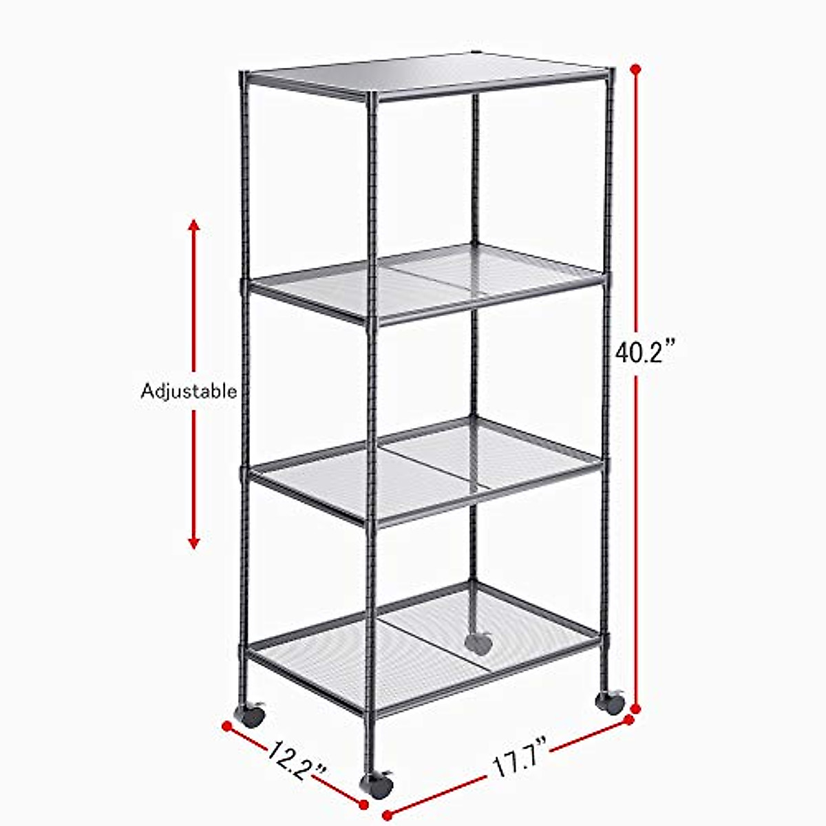 OVICAR 4-Tier Wire Storage Shelves, Adjustable Shelving Units with Wheels, Steel Metal Storage Rack for Kitchen Pantry Closet Laundry, Durable Organizer Garage Tool Storage Shelf (Black, 4 Tiers)