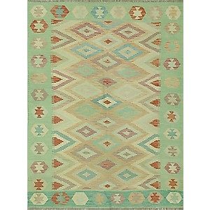 Noori Rug - Premium & Luxury Imported - Handmade Sun Faded Flatweave Francesca Rug - Green - Orange, 5'1" x 6'7" - Living Room - Bedroom