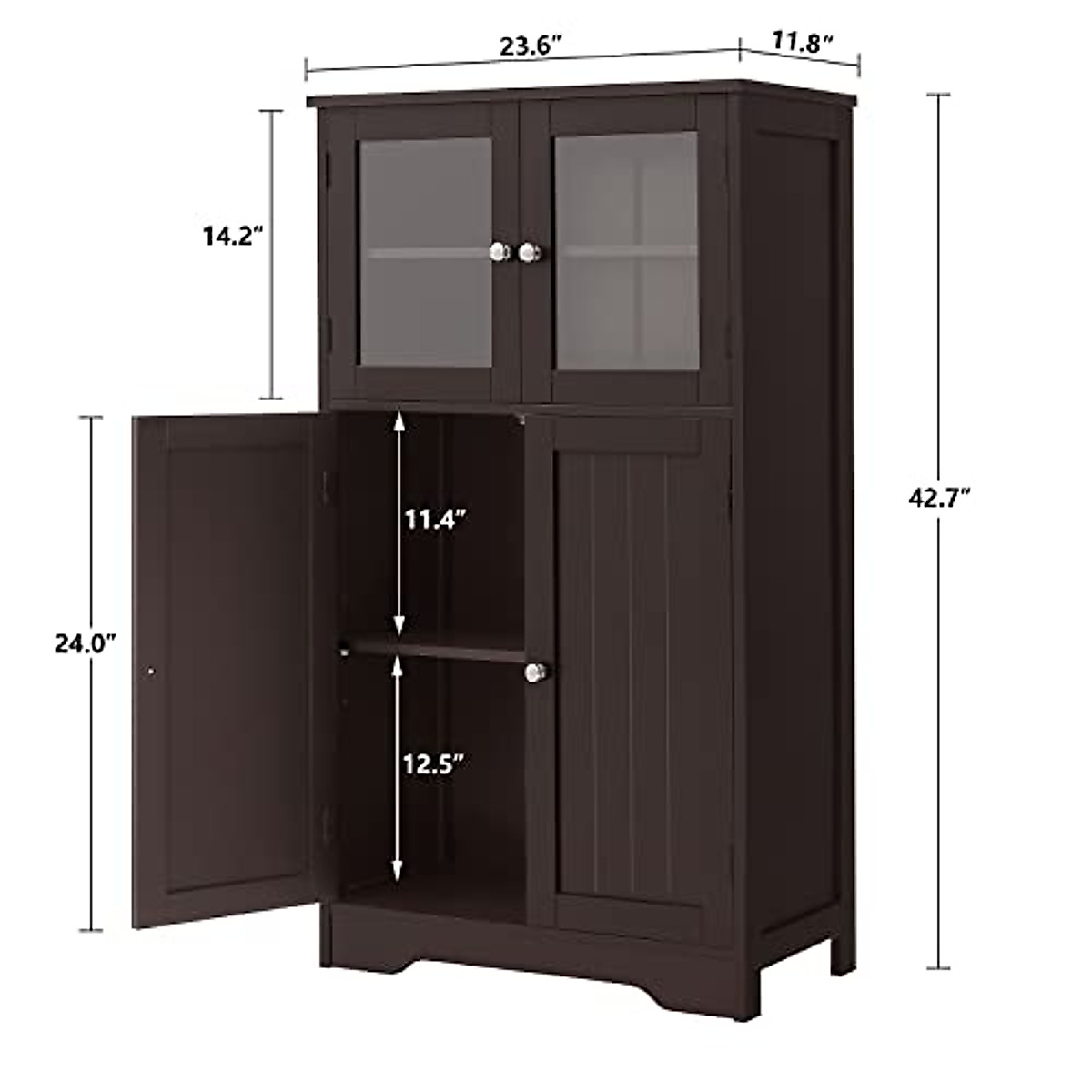 Iwell Bathroom Storage Cabinet, Linen Cabinet with Glass Doors & Adjustable Shelf, Freestanding Storage Organizer for Living Room, Home Office, Bathroom, Brown