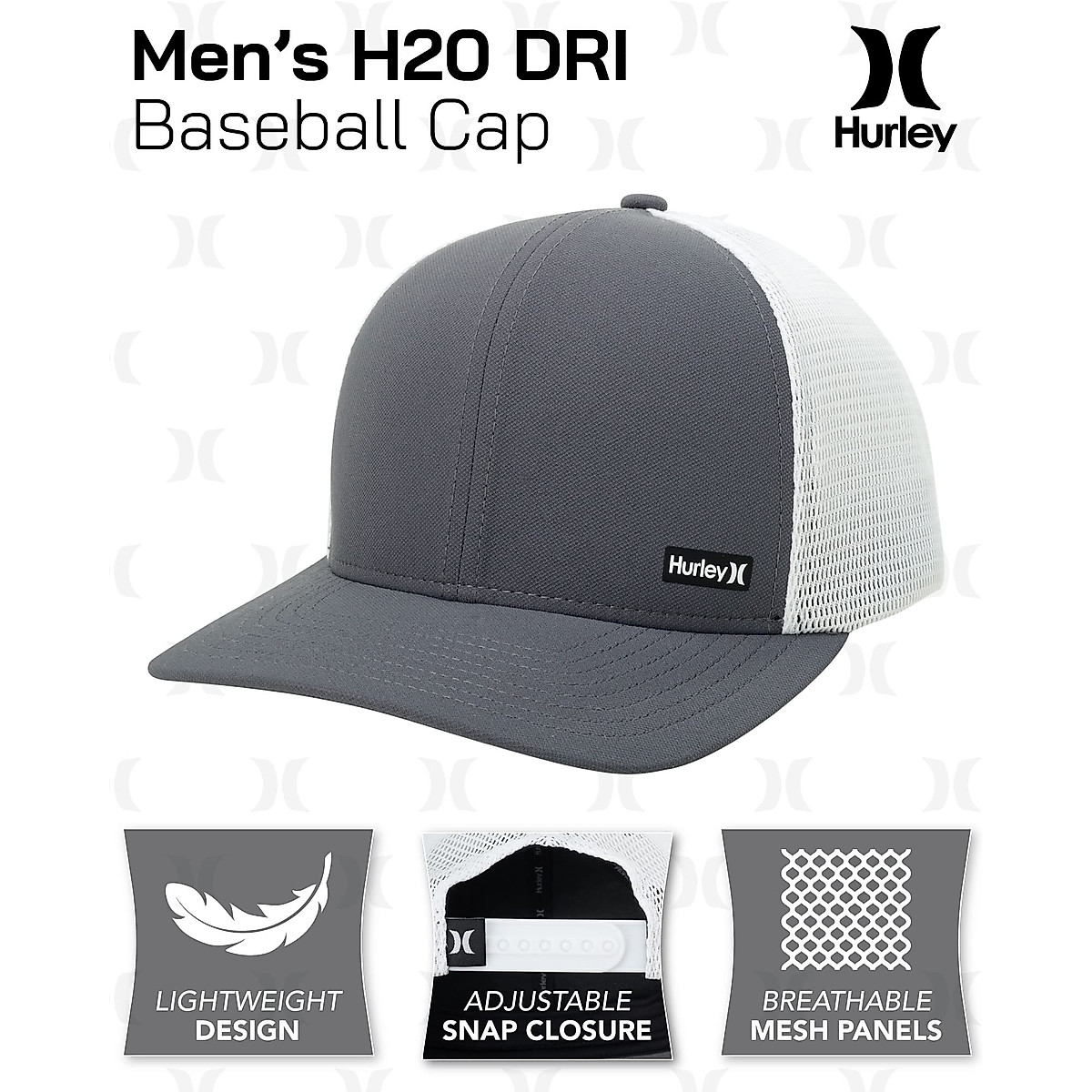 Hurley Men's Caps - H2O-Dri League Baseball Caps for Men with Snapback Closure - Classic Mens Trucker Hats (S-XL), Grey/White
