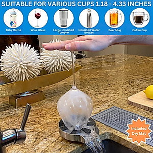 Rinzer Automatic Sink Glass Rinser for Kitchen Sink with Drying Mat - Stainless Steel Spot Free Finish - Bar Glass Washer For Kitchen Sink - Sink Cup Washer for Sink - Sink Cup Rinser for Sink