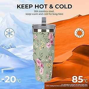 GemGam Stainless Steel Tumbler with Lid And Straw 30 Oz Top Handle Pink Vintage Flower Summer Leakproof Vacuum Insulated Water Bottle for Car Travel Tropical