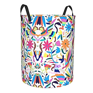 Mexican Otomi Animals Print Laundry Basket Waterproof Oxford Collapsible,Circular Laundry Hamper With Handles