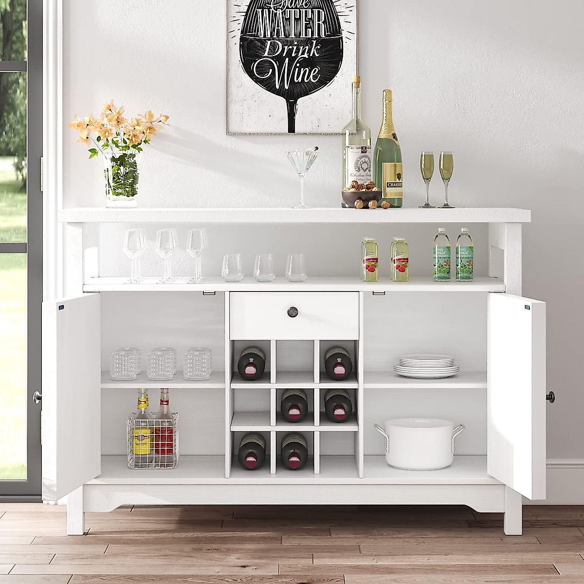 4ever2buy Farmhouse Coffee Bar Cabinet with Storage, White Coffee Bar with Drawer, Kitchen Buffet Cabinet with Barn Door, Wine Bar Cabinet with 9 Wine Racks for Dining, Living Room