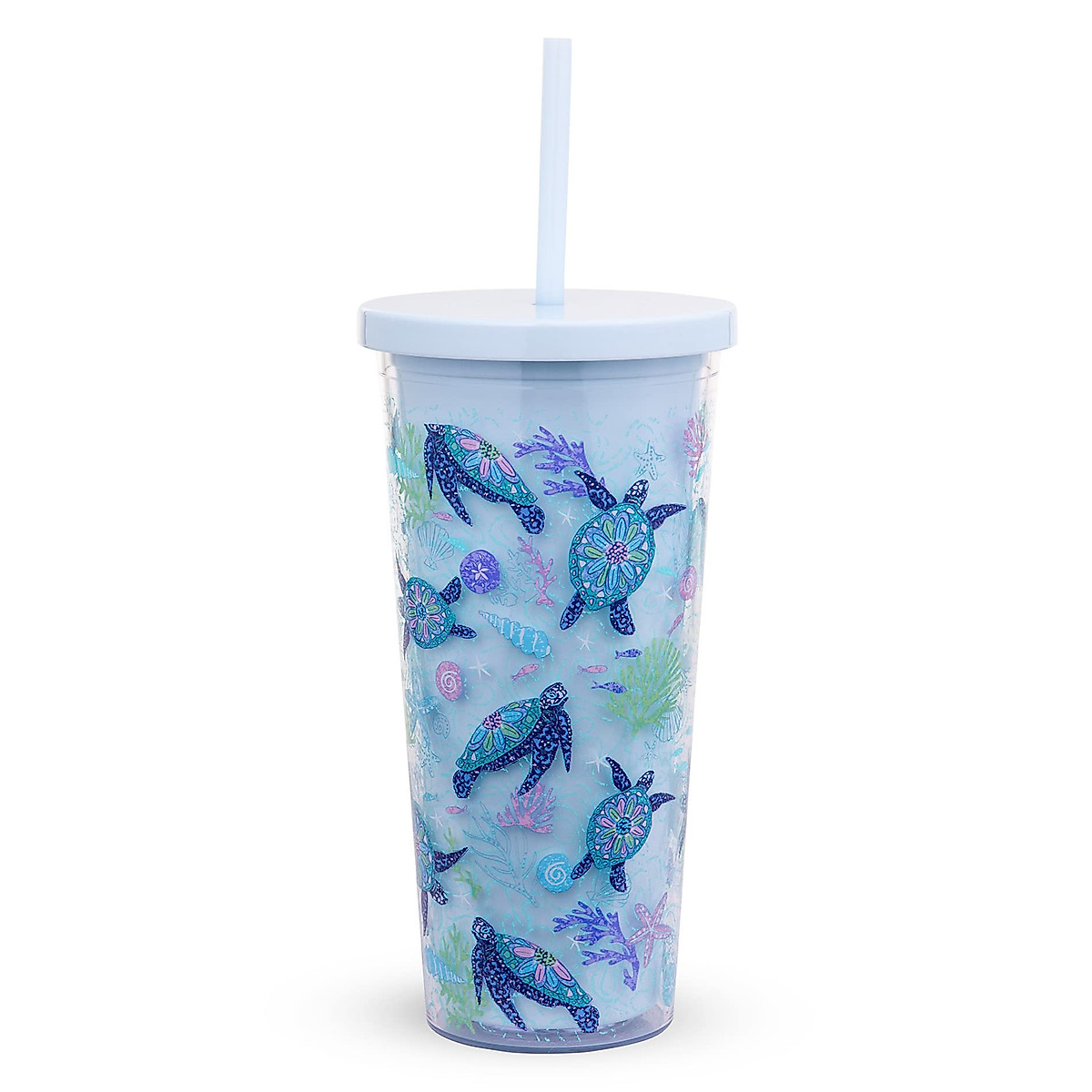 Vera Bradley Travel Tumbler with Lid and Straw, 24 Ounce Insulated Cup, Blue Plastic Double Wall Tumbler, Turtle Dream