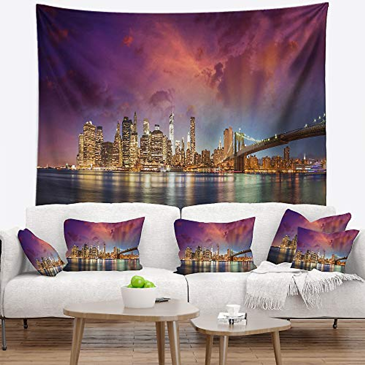 Designart ' New York City Manhattan Skyline Red' Cityscape Photo Tapestry Blanket Décor Wall Art for Home and Office, Created On Lightweight Polyester Fabric x Large: 92" x 78"