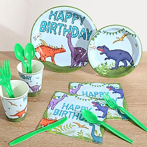 343PCS Dinosaur Party Decorations Set (24 Guest)- Complete Kids Dinosaur Birthday Party Supplies with Dinosaur Backdrop, Tablecloth, Plates, Cups, Cutlery, Balloon Arch, Decorations, and Stickers