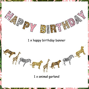 Safari Birthday Decorations Jungle Theme Party Supplies for Girl - Pink Cheetah Happy Birthday Banner, Animal Print Garland, Jungle Safari Animal Leopard Party Sign