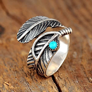Boho Feather Turquoise Adjustable Ring, Adjustable Stainless Steel Feather Ring, Boho Turquoise Ring for Men, Feather Ring for Women (2 Pcs)