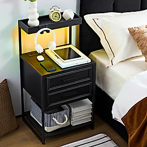 Harpaq Tall Nightstand with Charging Station, Black Night Stand with Drawers, End Tables Bedroom with Led Lights, Wood Nightstand for Bedroom with Open Storage Shelves