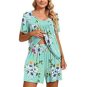 TAOHUADAO Womens Summer 2 Piece Pajama Sets, Short Sleeve Pleated Tunic Tops with Comfy Shorts, Lounge Sleepwear Ladies Pjs Sets with Pockets 2XL, Mint Green