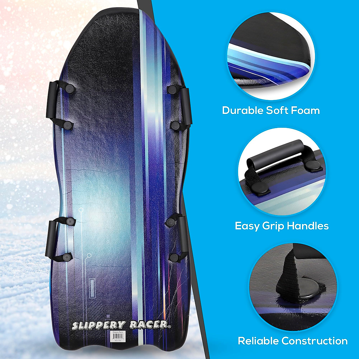 Slippery Racer Downhill Falcon Adults and Kids Foam Toboggan Snow Sled for Up to 2 Riders with Handles, Midnight Hologram Blue (1 Pack)