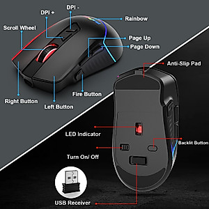 BlueFinger Wireless Gaming Keyboard and Mouse Combo, Long Lasting Rechargeable Battery 87 Keys RGB Rainbow Backlit Gaming Keyboard & Ergonomic Light Up Gaming Mice for Mac Laptop Computer PC Gamer