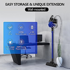 EFUSVAC Corded Vacuum Cleaner, 17KPa Powerful Suction with 600W Motor, 4 in 1 Lightweight Handheld Stick Vacuum for Pet Hair Hard Floor and Carpet