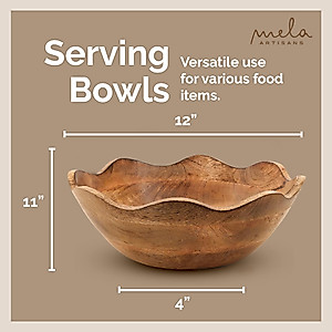 Mela Artisans Wooden Scalloped Bowl - Large | Ruffle Decorative Style | Rustic Kitchen Decor | Mango Wood | Natural Grain Finish | Fits Bread, Fruits, Salad or Popcorn | 12” x 4” x 11”