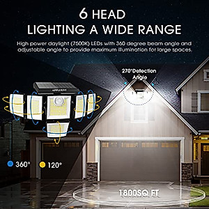 AFFLUENT Solar Outdoor Lights, 3200LM 496LED 3 Modes Security Flood Light,6 Heads Motion Detector Sensor Lights,IP65 Waterproof,360° Illumination Wall Light for Garage Porch Garden Access (1 Pack)