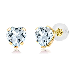 Gem Stone King 14K Yellow Gold Sky Blue Aquamarine Stud Earrings For Women (0.76 Cttw, Gemstone Birthstone, Heart Shape 5MM)