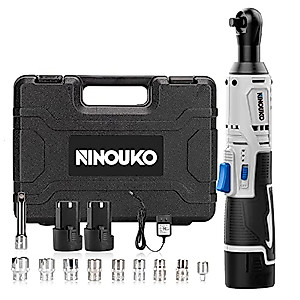 NINOUKO Cordless Electric Ratchet Wrench Set, 3/8" 12V Power Ratchet Driver, 400 RPM 40 Ft-lbs Battery Ratchet with 8 Sockets & 2-Pack 2.0Ah Battery