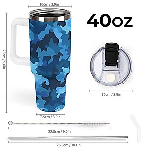 LLUTSNTH 40 Oz Vacuum Tumbler with White Handle Leakproof Insulated Tumbler Blue Camo Stainless Steel Travel Mug with Lid And Straw Coffee Cup Cute Water Bottles Cup Holder Friendly