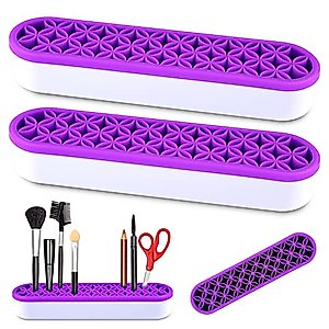 QUACOWW 2Pcs Purple Silicone Makeup Brush Holder Organizer Multifunctional Desktop Organizers Make Up Brush Storage Stand for Art Supplies Painting Pen Brushes Eyeliner Pencil and Craft Tools