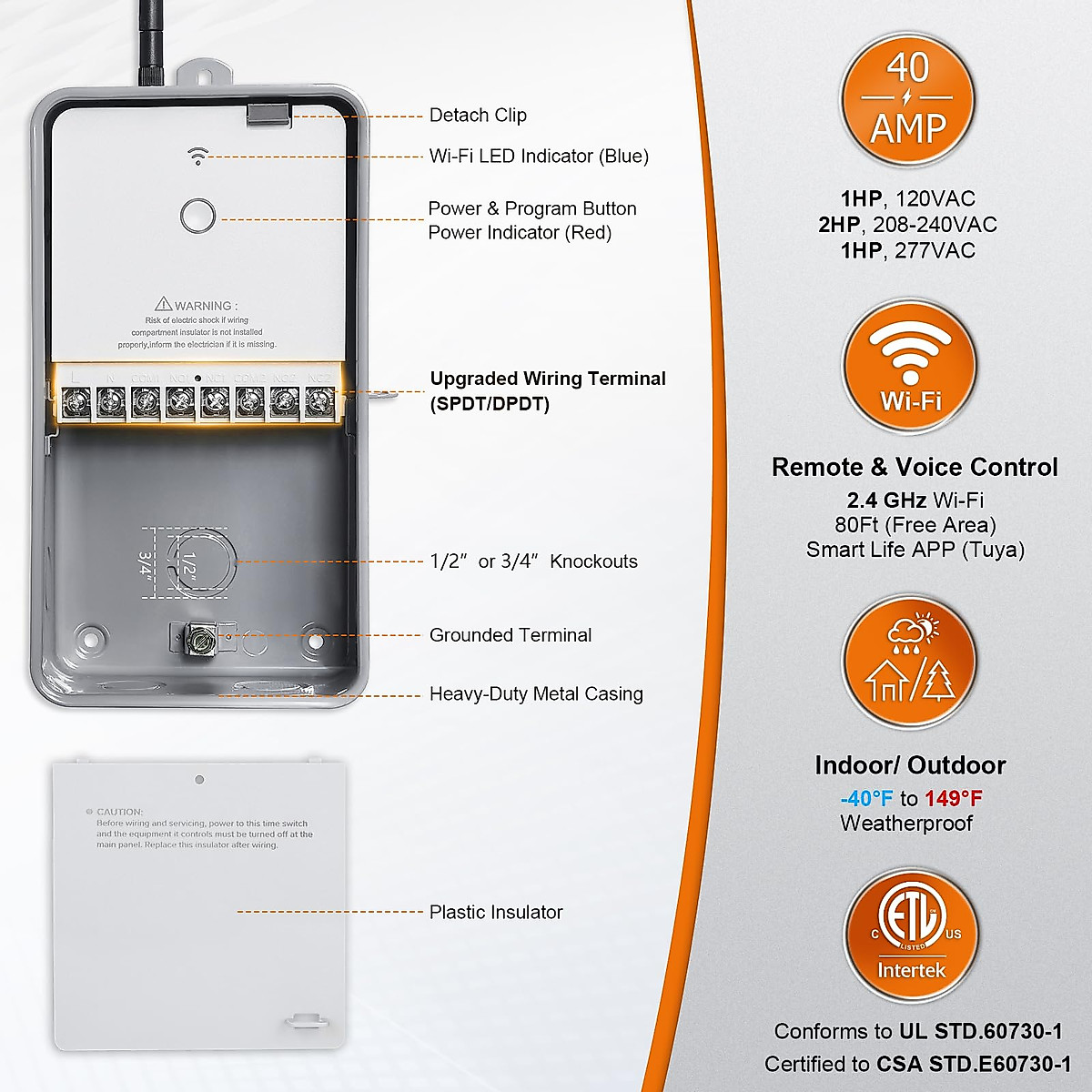 Suraielec Pool Timer, WiFi Smart Pool Pump Timer, 120, 240, 277 VAC, 40 AMP, Outdoor Heavy Duty Metal Casing Pool Control, Wireless Electric Switch Box for Pumps, Water Heater, Spa, Light