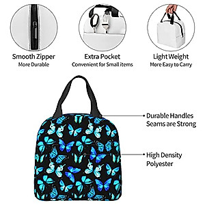 Blue Butterfly Lunch Bag Women Cute Lunch box Cooler Thermal Lunch Tote Bag Waterproof Reusable with Big Pocket for Kids Girls Work Office Picnic College
