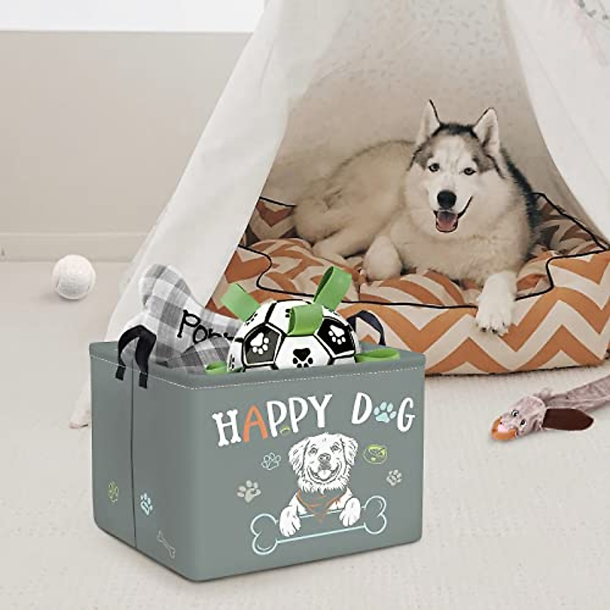 Clastyle Collapsible Happy Dog Toy Storage Bin with Handle Grey Rectangular Puppy Storage Basket for Pets Toys Clothes Leashes, 15.7x11.8x11.8 in