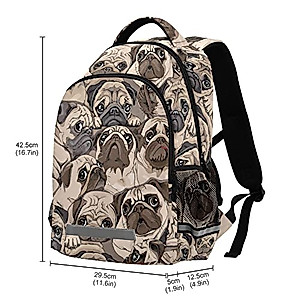JIPONI Vintage Cute Pug Dogs Backpack For Girls Boys School Student Bookbag Travel Laptop Backpack Purse Daypack With Chest Strap