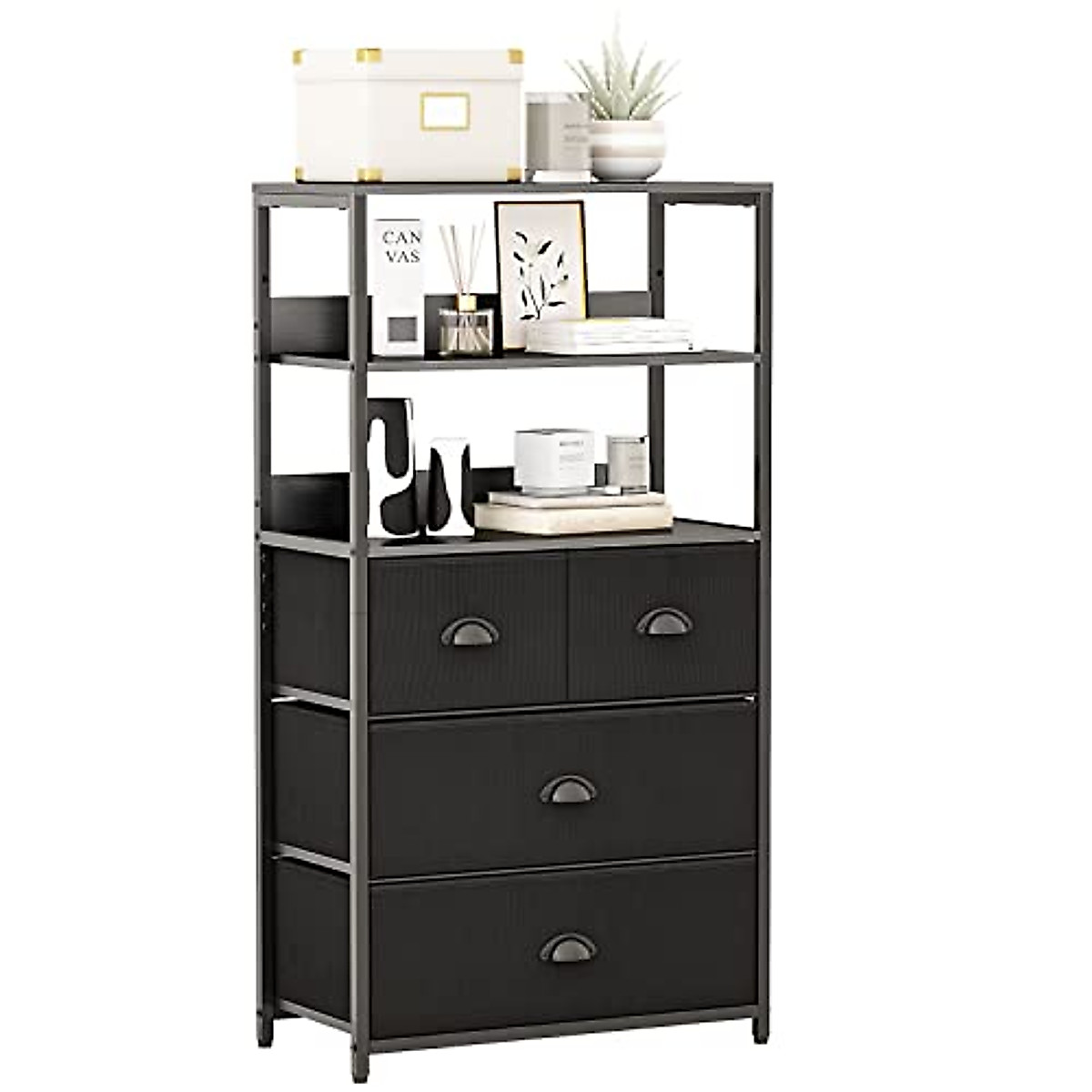 Furologee Black Vertical 4 Drawer Dresser Organizer with 3-Tiers Wood Shelf and Dresser 8 Drawers with Double Shelf Storage Organizer Unit for Bedroom/Living Room/Entryway