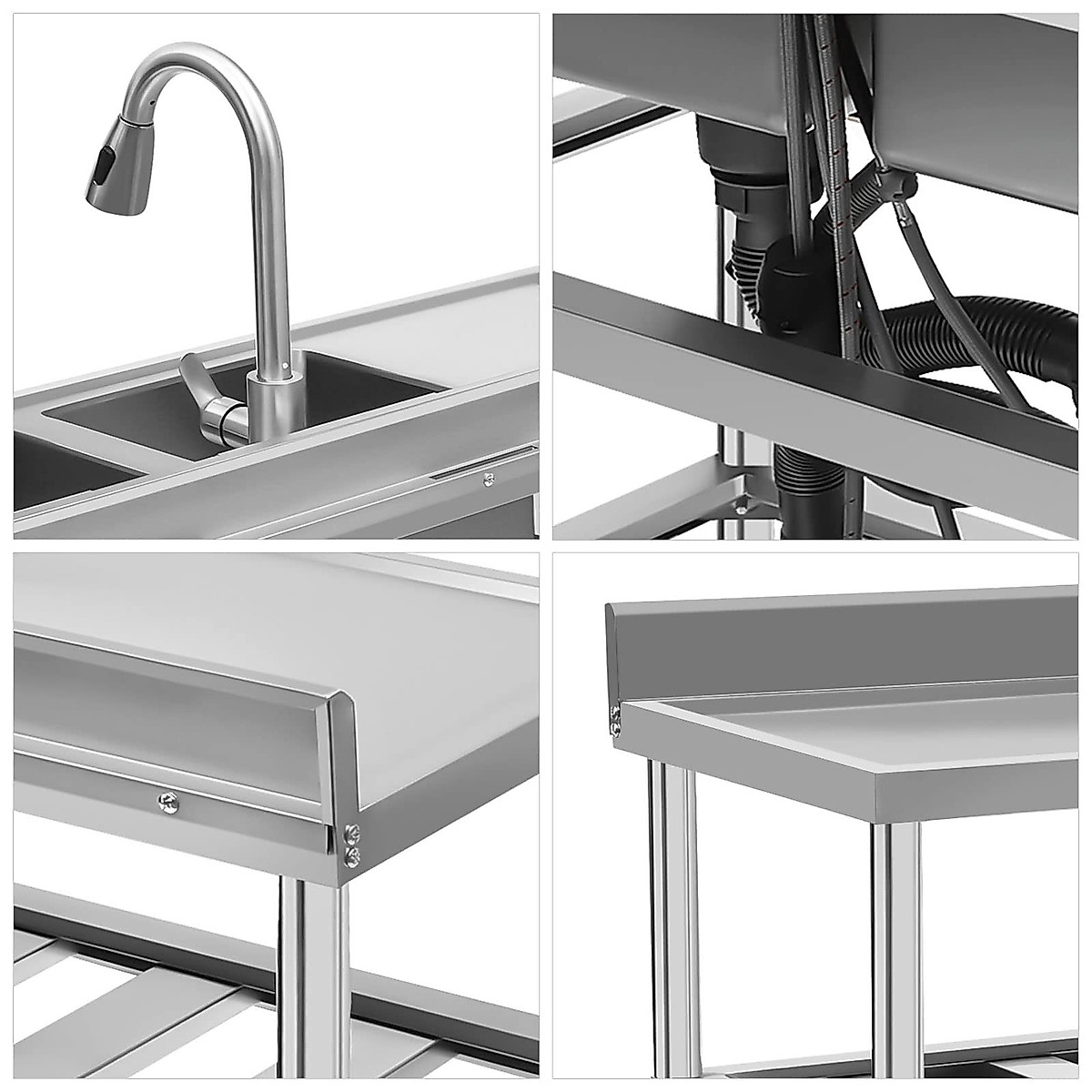 Kitchen Sink, Stainless Steel Double Bowl Utility Sink,Commercial Free Standing Dining Room Sink Kit, Prep & Utility Washing Hand Basin W/Workbench, For Laundry, Garage, Cafe Bar (47.2*17.7*31.8inch)