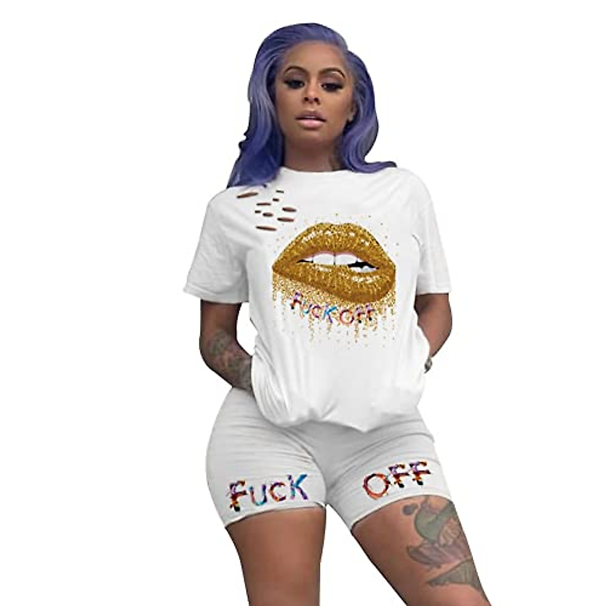 Esuo Women's 2 Piece T-Shirt Shorts Set Short Sleeve Casual Joggers Casual Sportswear Clubwear Hollow out White L