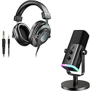 FIFINE XLR/USB Microphone and Studio Monitor Headphones Set, Computer Recording Mic with Mute Button, RGB, Over Ear Wired Headset Pack for YouTube Podcasting Streaming Gaming (AM8+H8)