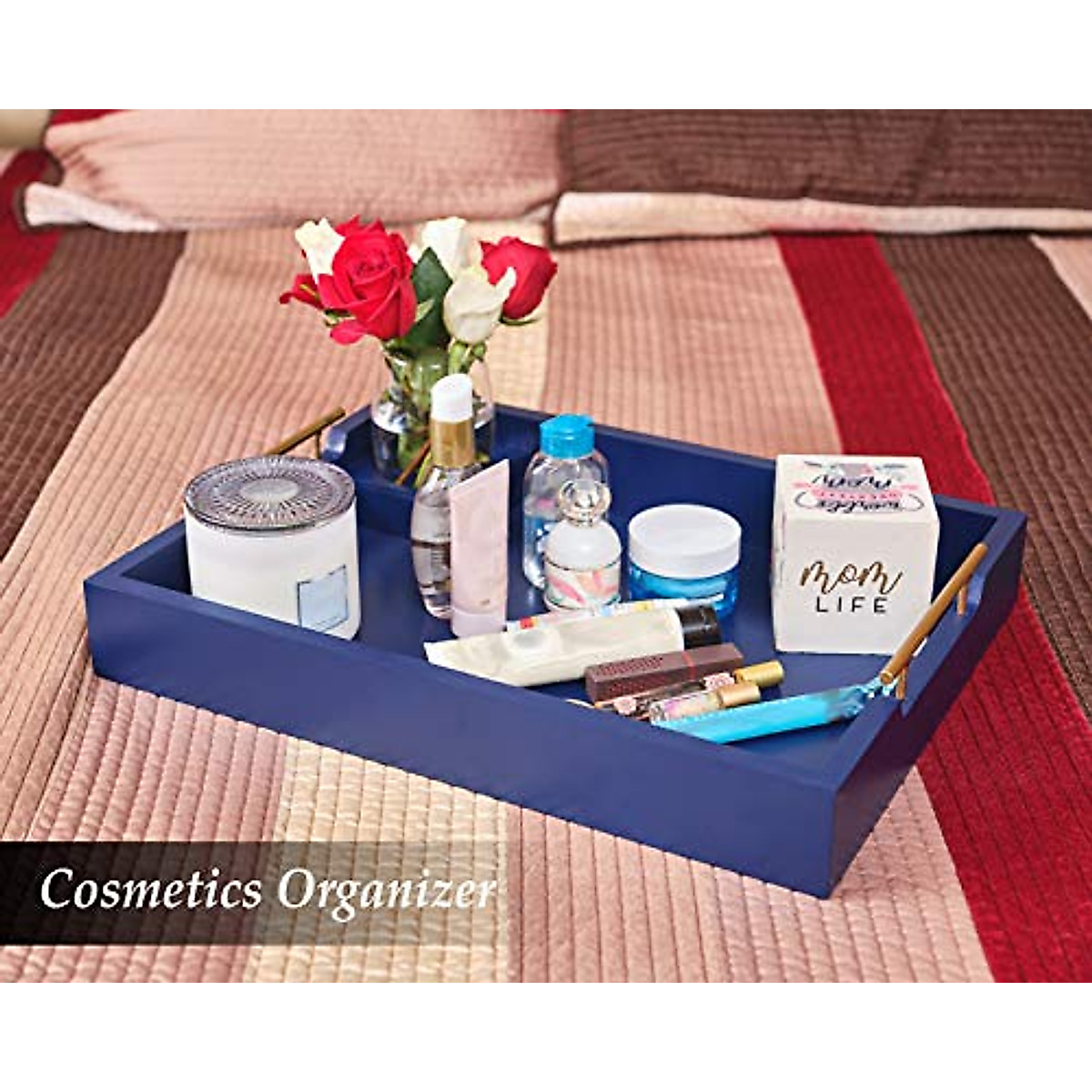 Deluxe Ottoman Tray- Wooden Serving Tray with Handles and Incorporated Cup Holder- Mid Century Modern Décor- Dark Navy Blue Tray 18"x14"x.3