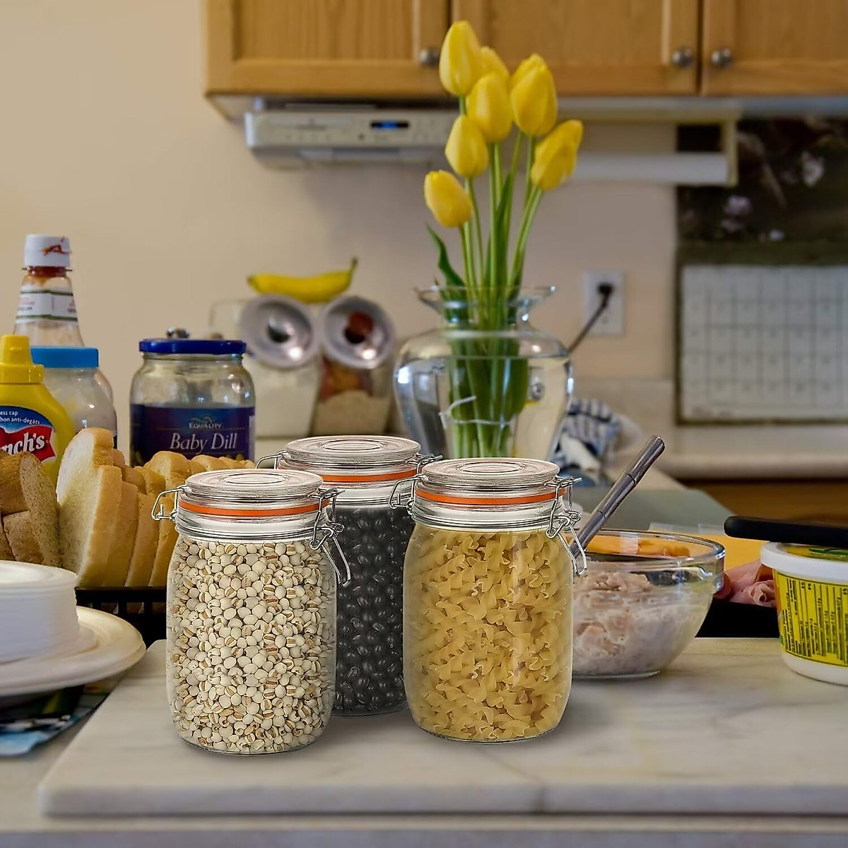 Encheng 32 oz Glass Jars With Airtight Lids And Leak Proof Rubber Gasket,Wide Mouth Mason Jars With Hinged Lids For Kitchen Canisters 1000ml, Glass Storage Containers 4 Pack