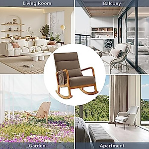 COCOLHOME Nursery Rocking Chair Linen Fabric Solid Wood Upholstered with High Backrest Side Pocket Modern Armchair Accent Rocker Glider Chair for Living Room,Bedroom(Brown)