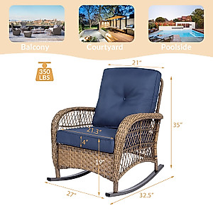W WARMHOL Outdoor Wicker Rocking Chair with Thickened Cushions, All-Weather Rattan Patio Rocking Chairs, Rocker Wicker Chair for Porch Garden & Backyard, Navy Blue
