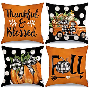 GEEORY Fall Pillow Covers 18 x 18 Inch Set of 4, Polka Dots Buffalo Bow-Knot Pumpkins Truck Thankful Thanksgiving Decor Decorative Throw Cushion Cases Decoration for Home Sofa Couch (Black) G405-18