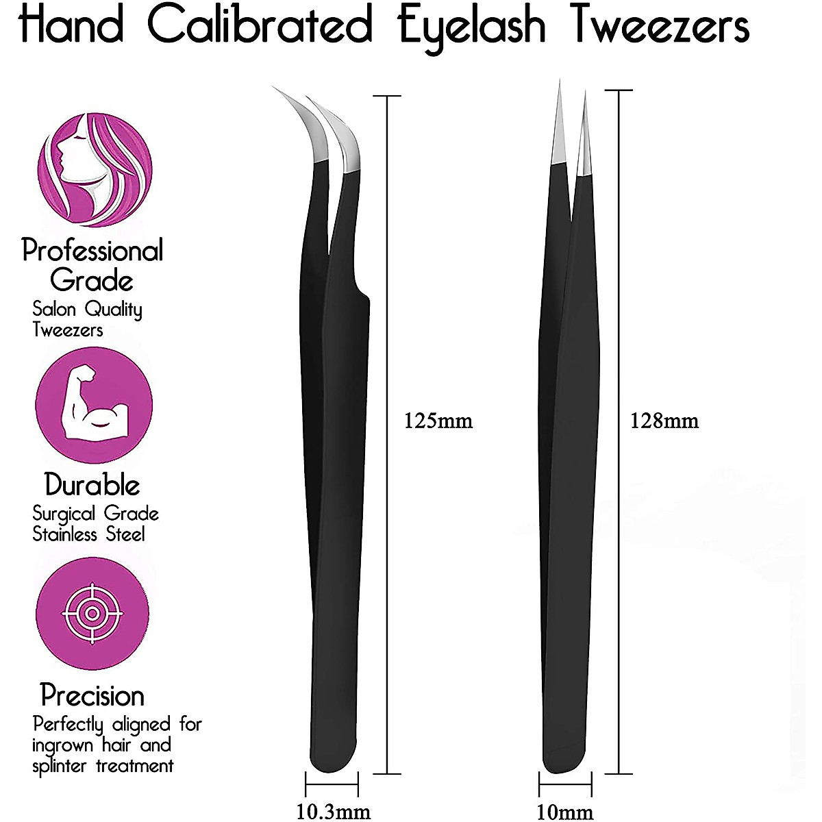 SIVOTE Lash Tweezers for Eyelash Extensions, Hand Calibrated Straight & Curved Tip, Pack of 2, Black