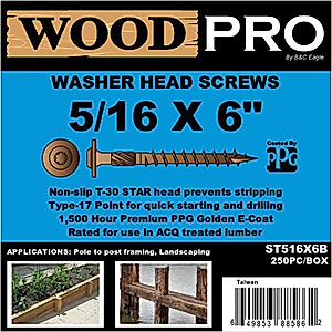 WoodPro Fasteners ST516X6B 5/16-Inch by 6-Inch Length Round Washer Head Exterior Wood Screws, 250-Pack , Gold