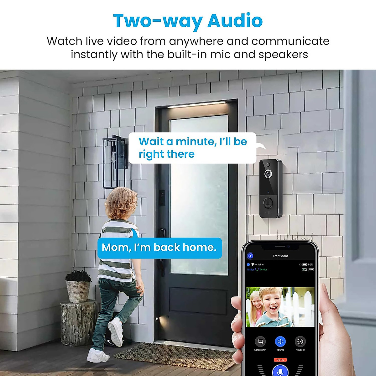 BITEPASS Smart Video Doorbell Camera Wireless with Ring Chime, AI Human Detection, 2-Way Audio, HD Live View, Wire-Free, Night Vision, Cloud Storage, Battery Powered, Indoor Outdoor Surveillance